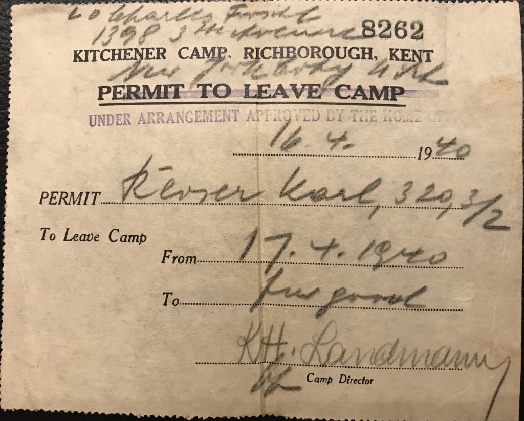 Kitchener camp, Karl Reiser, Permit to Leave Camp, Hut number 3/II ...